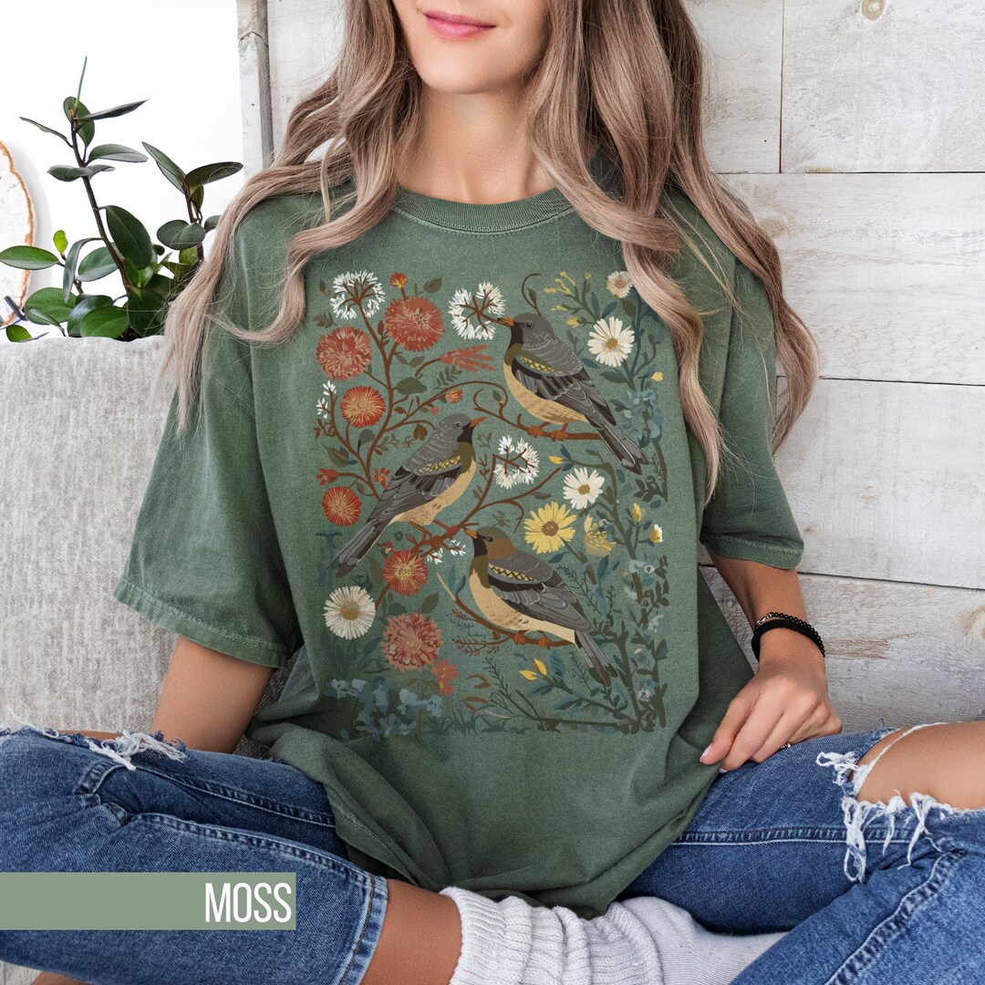Cottagecore Birds and Flowers Shirt, Aesthetic Nature T-shirt, Folk Art ...