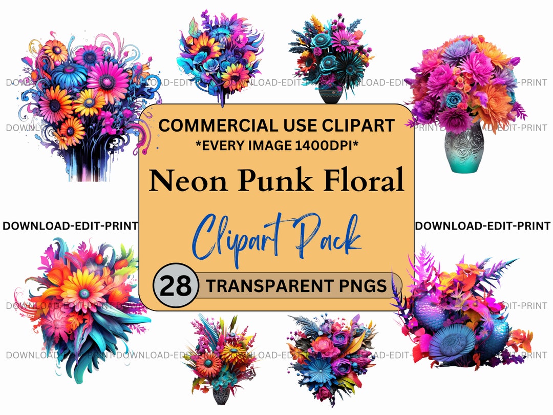 Neon Goth Punk Floral Clipart Bundle Commercial Use Transparent PNG ...