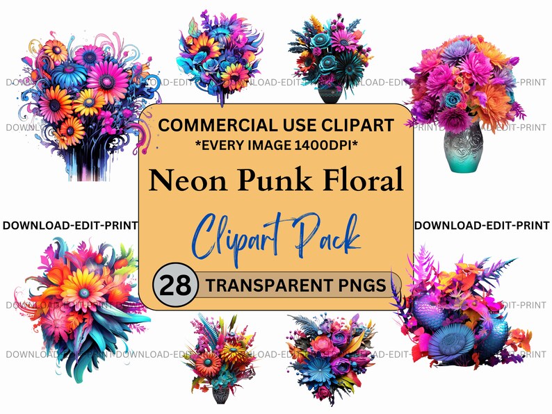 Neon Goth Punk Floral Clipart Bundle Commercial Use Transparent PNG ...