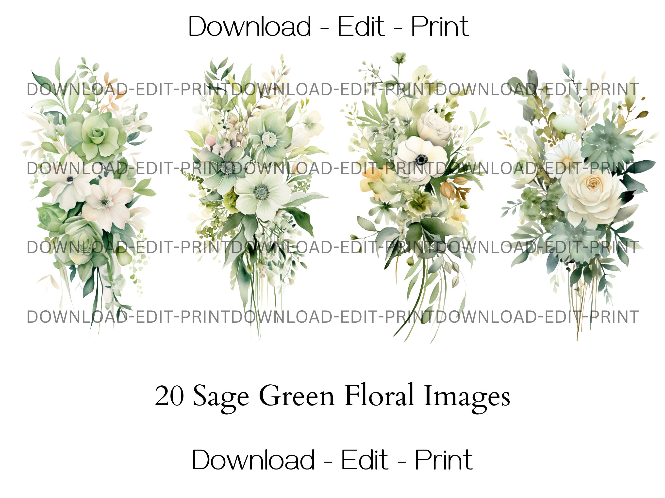 Sage Green Floral Clipart Bundle Commercial Use Transparent PNG Wedding ...