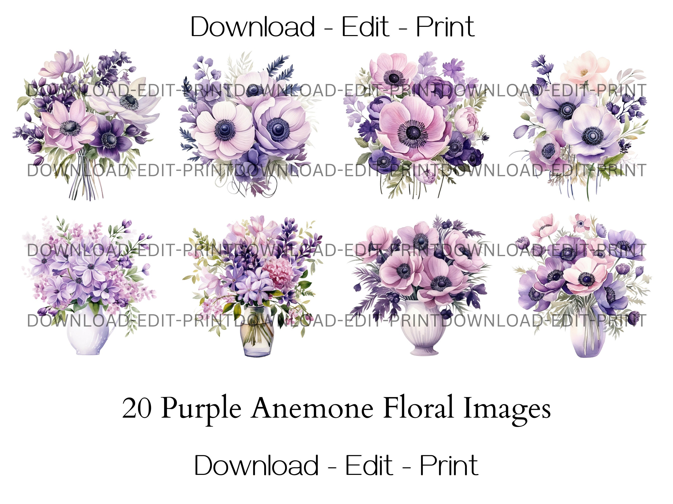 Purple Anemone Floral Clipart Bundle Commercial Use - Etsy