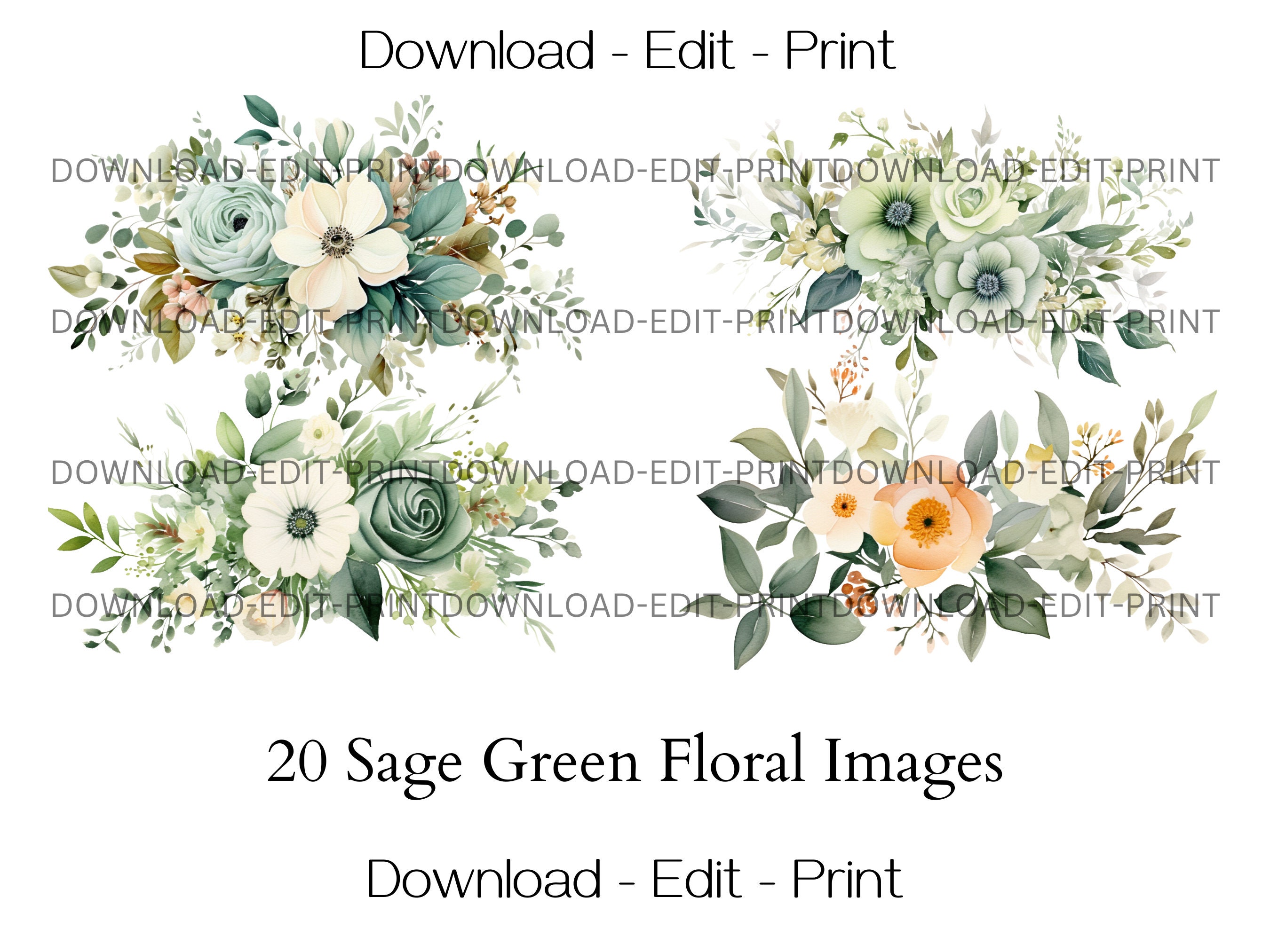 Sage Green Floral Clipart Bundle Commercial Use Transparent PNG Wedding ...