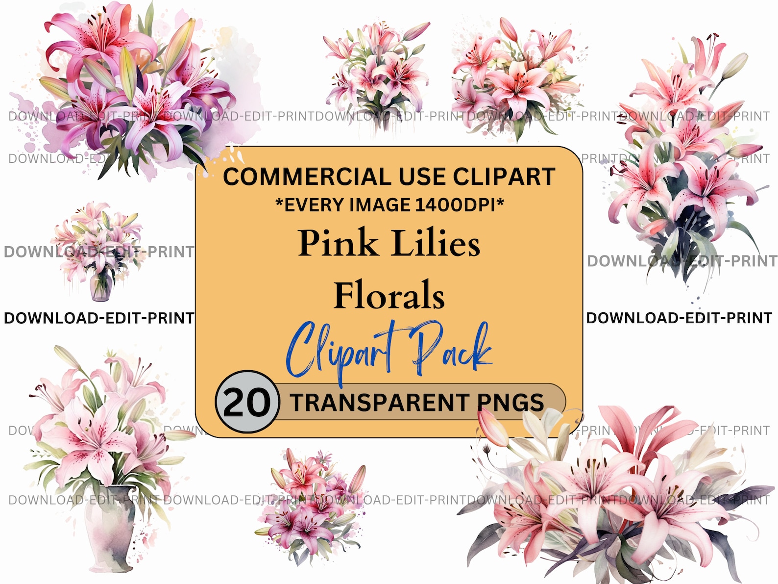 Pink Lilies Floral Clipart Bundle Commercial Use Transparent PNG ...