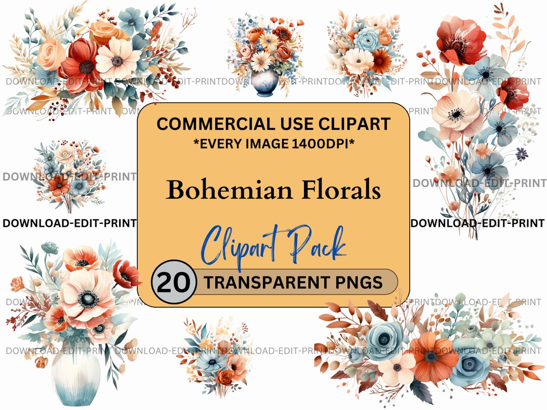 Boho Bohemian Floral Clipart Bundle Commercial Use Transparent PNG ...