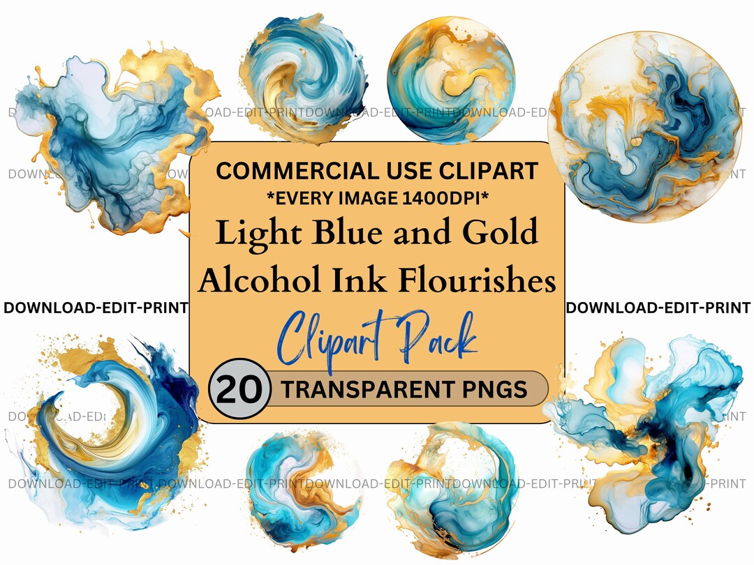 Light Blue and Gold Alcohol Ink Flourishes Clipart Bundle Commercial ...