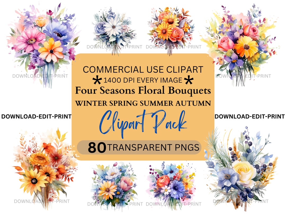 Four Seasons Floral Clipart Bundle, Commercial Use License, Transparent ...