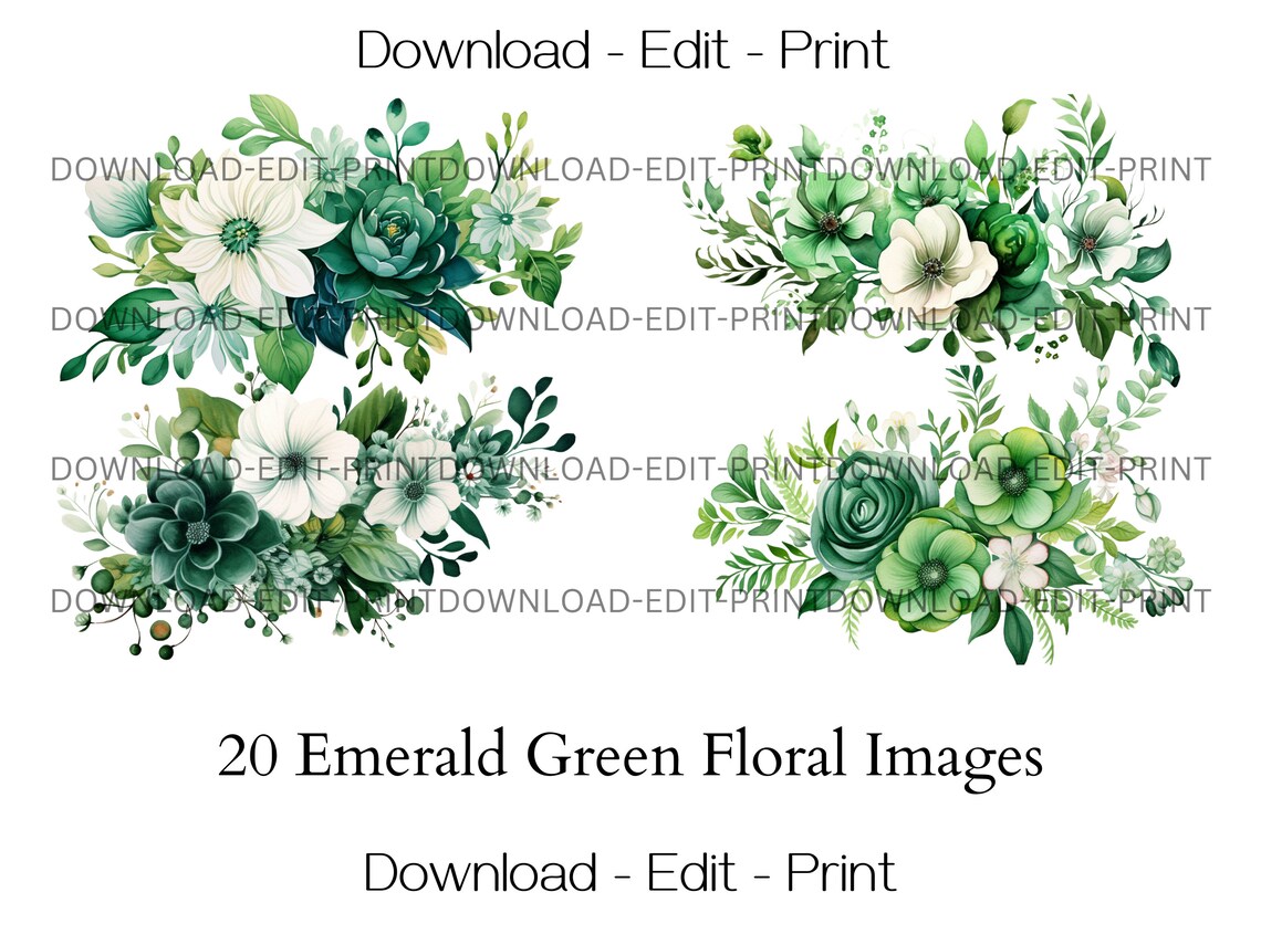 Emerald Green Floral Clipart Bundle Commercial Use Transparent - Etsy
