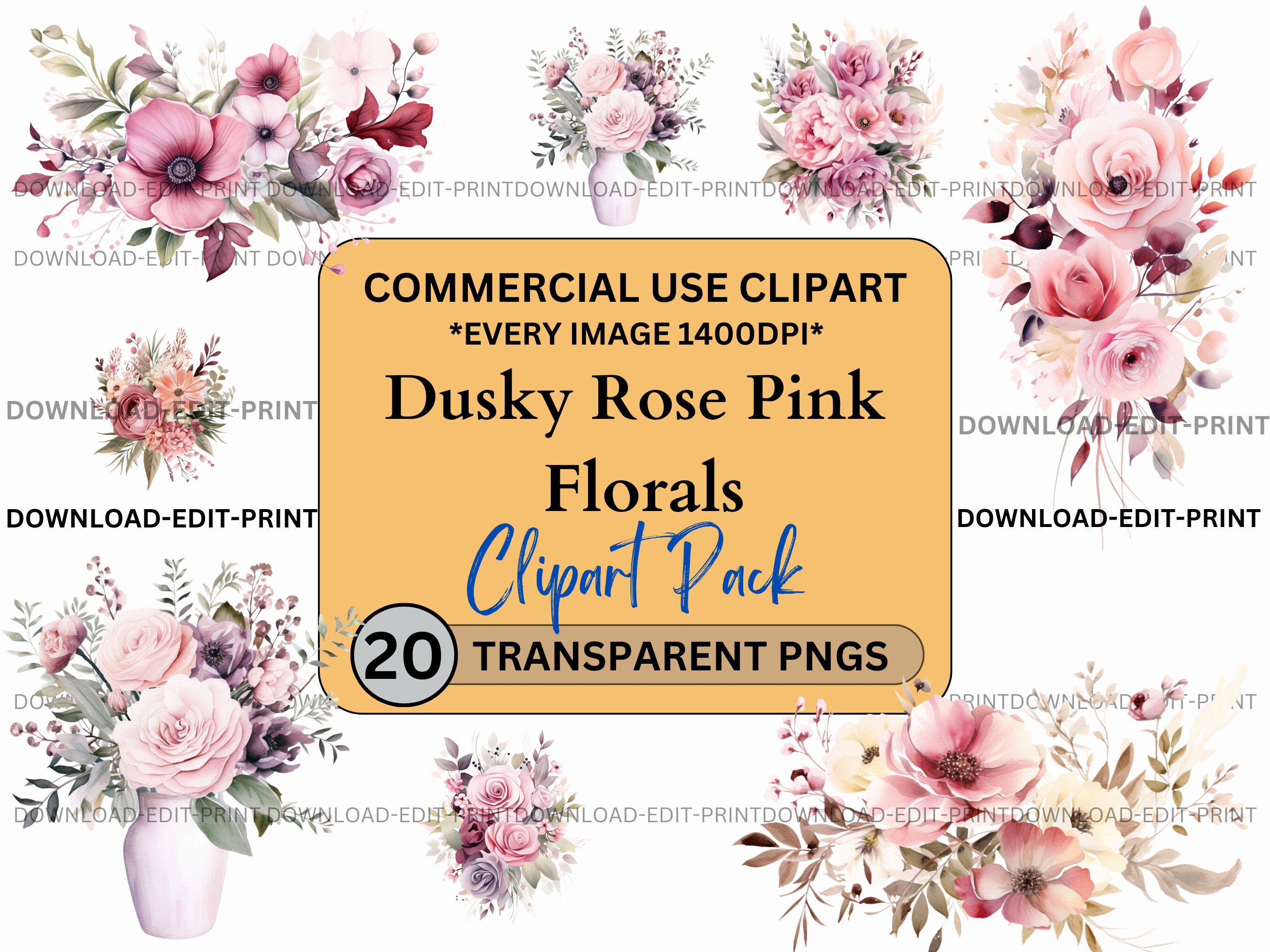 Dusky Rose Pink Floral Clipart Bundle Commercial Use Transparent PNG ...