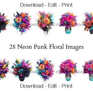 Neon Goth Punk Floral Clipart Bundle Commercial Use Transparent PNG ...