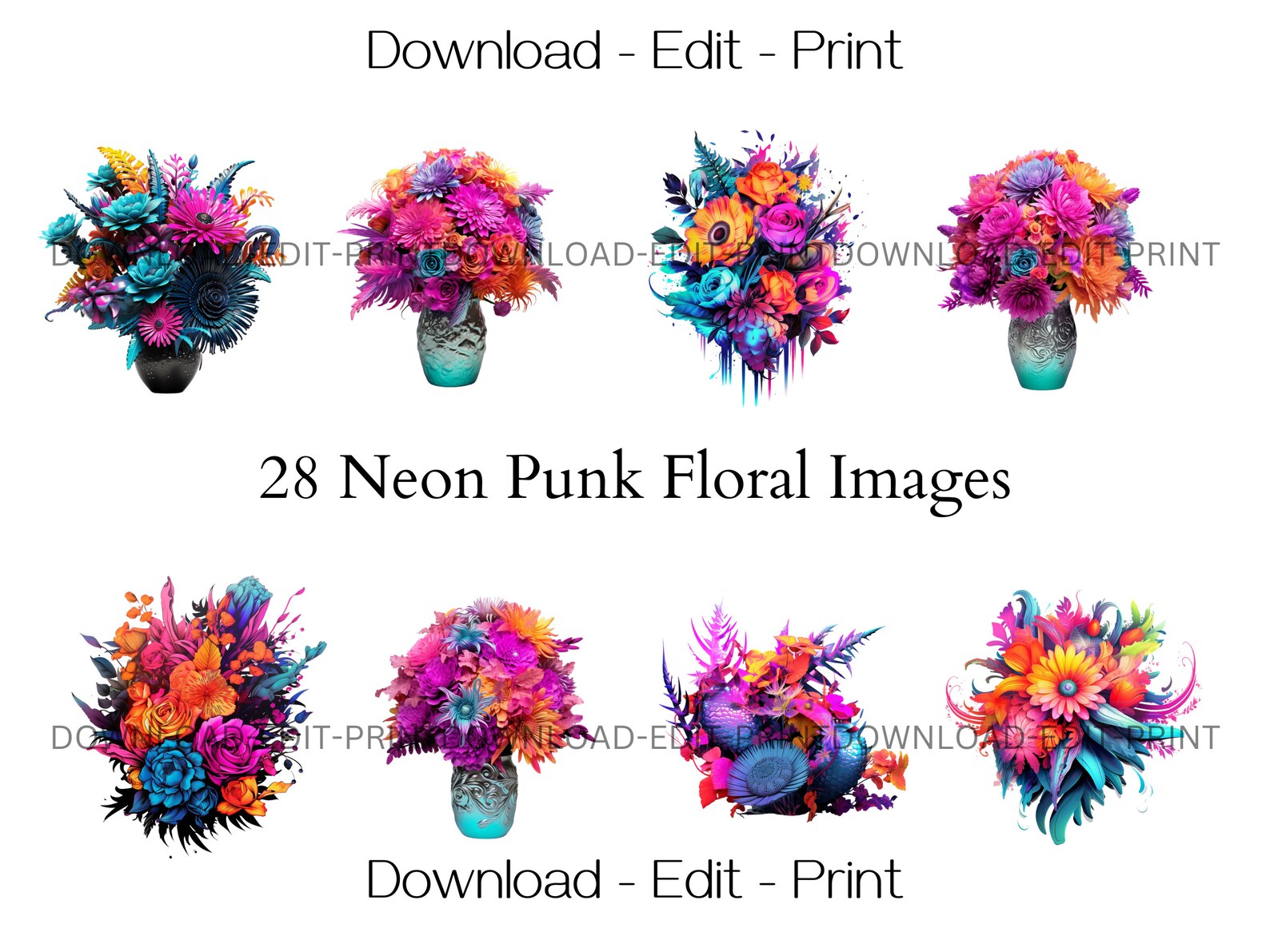 Neon Goth Punk Floral Clipart Bundle Commercial Use Transparent PNG ...