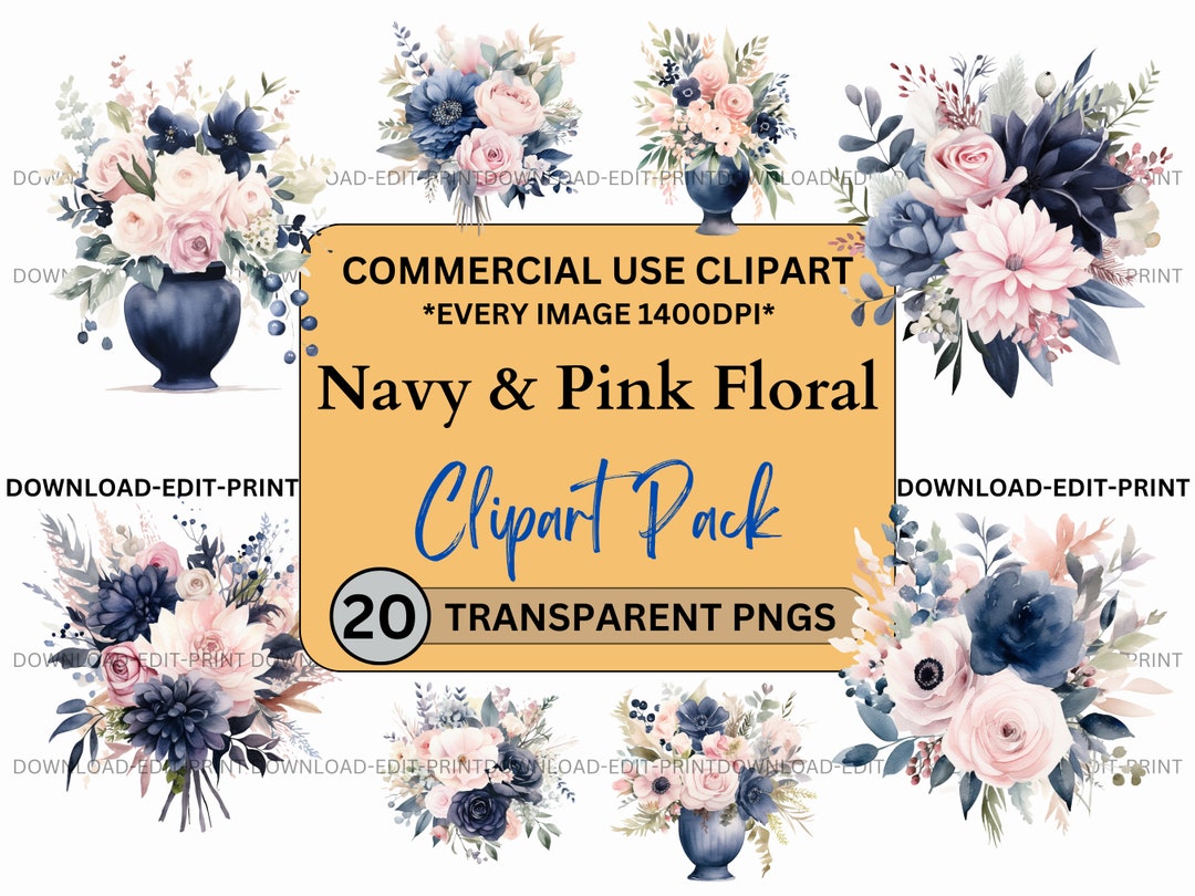 Navy & Blush Pink Floral Clipart Bundle Commercial Use Transparent PNG ...