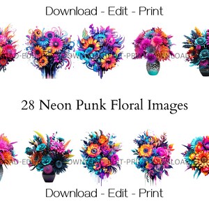 Neon Goth Punk Floral Clipart Bundle Commercial Use Transparent PNG ...