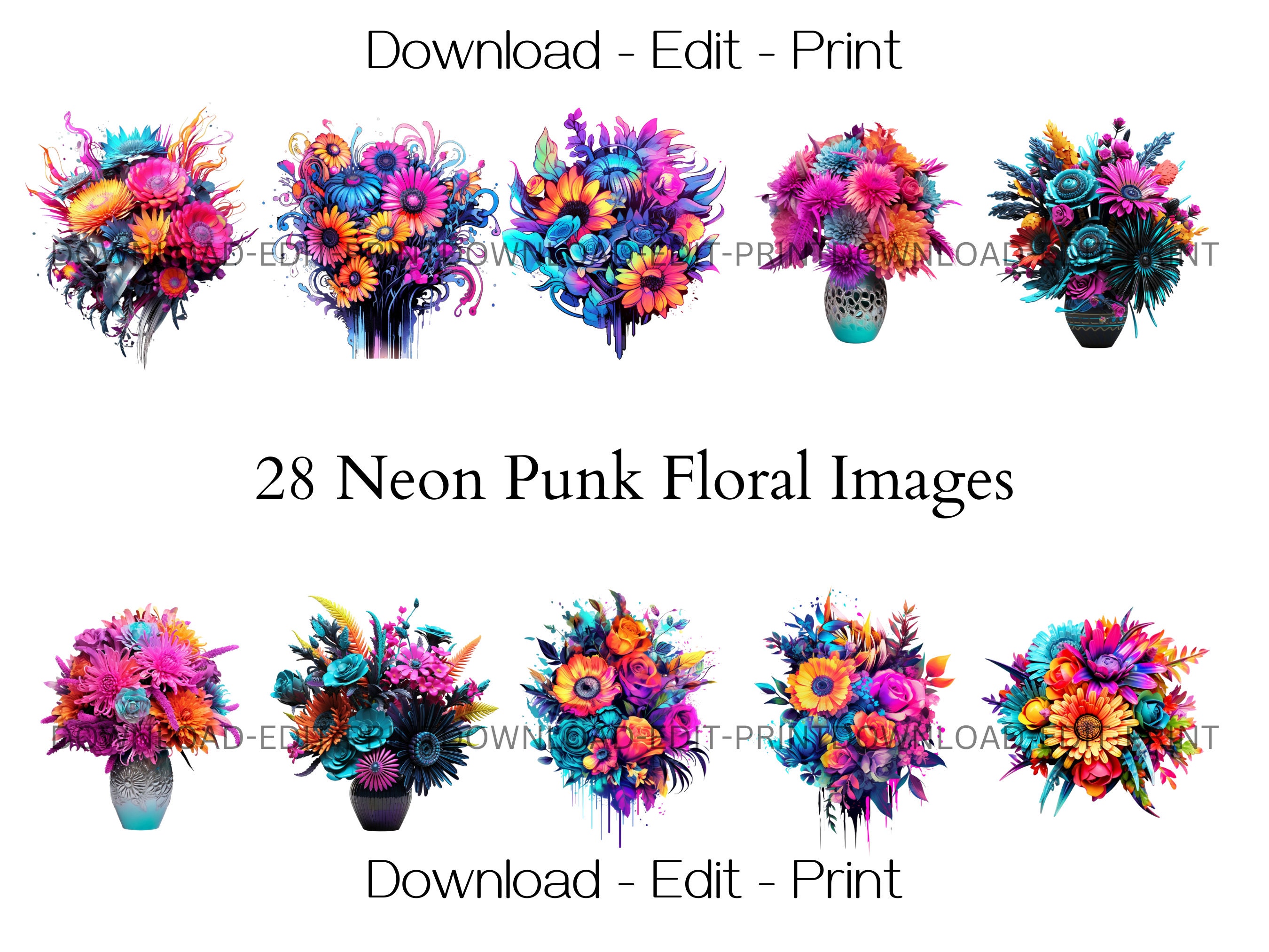 Neon Goth Punk Floral Clipart Bundle Commercial Use Transparent PNG ...
