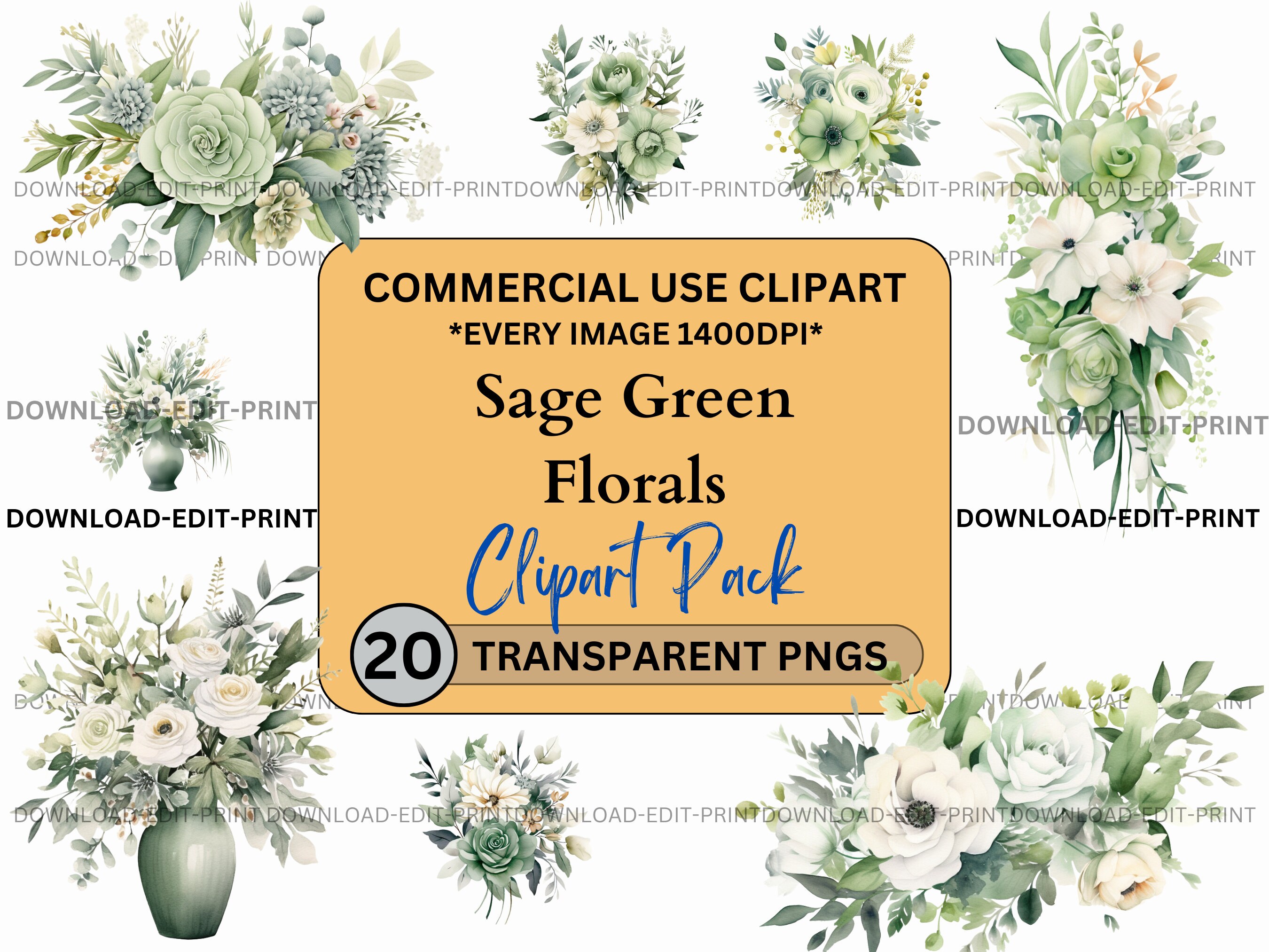 Sage Green Floral Clipart Bundle Commercial Use Transparent PNG Wedding ...