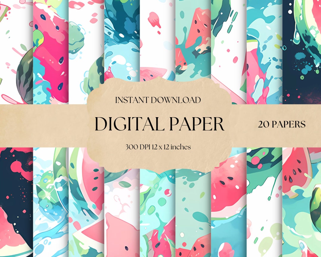 20 Whimsical Watermelon Watercolour Digital Paper Set, Colourful ...