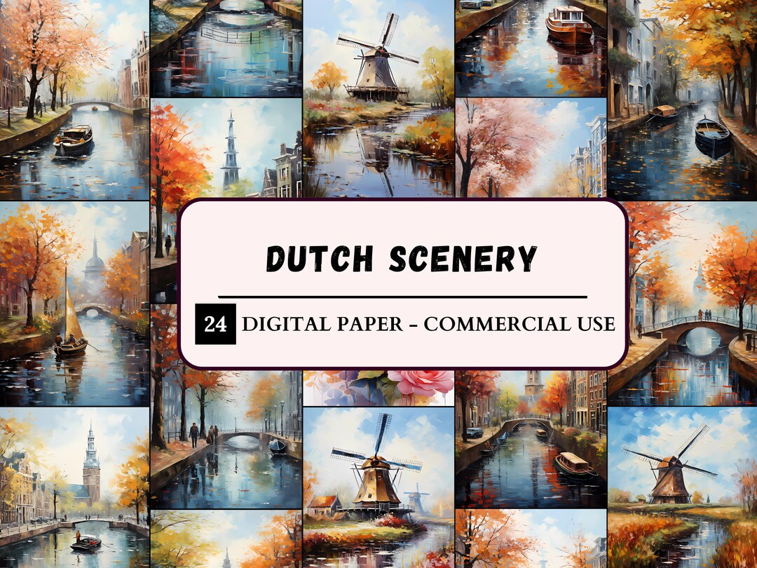 Dutch Scenery Digital Paper, Charming Canal and Windmill Background ...