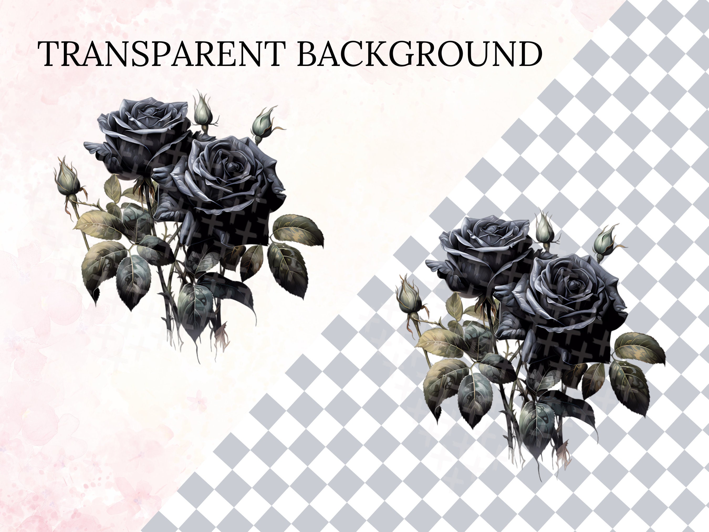 Watercolour Black Roses Clipart, Gothic Floral Clipart, Transparent ...