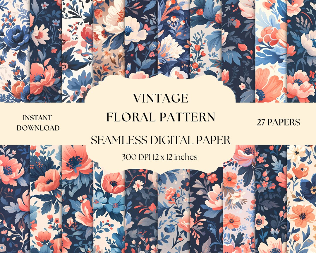 Vintage Floral Pattern Digital Paper, Seamless Retro Flowers Background ...