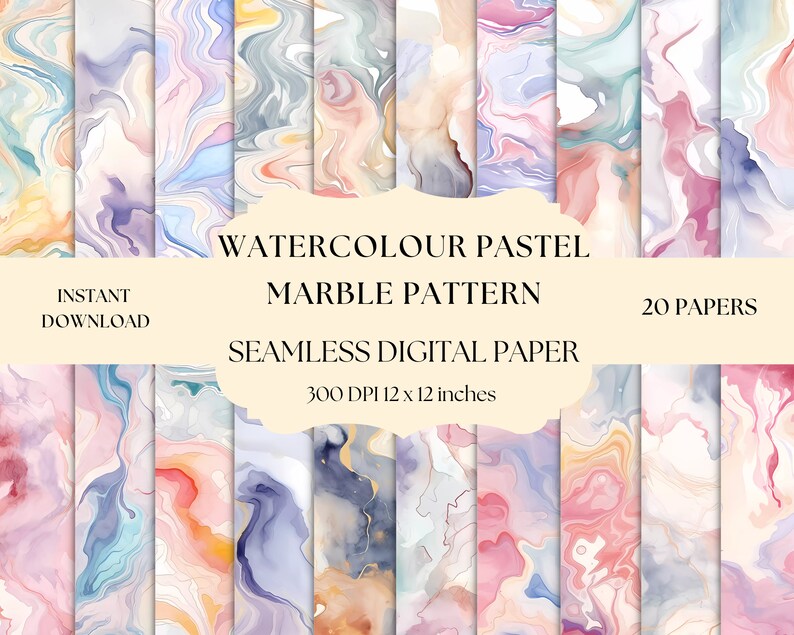 Watercolour Pastel Marble Pattern Digital Paper, Printable Background ...