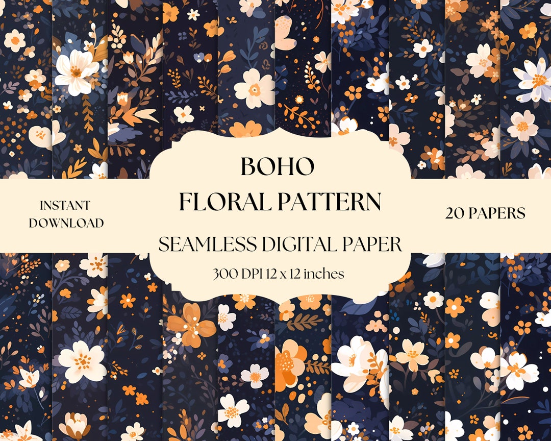 Seamless Boho Floral Pattern Digital Paper, Instant Download for ...