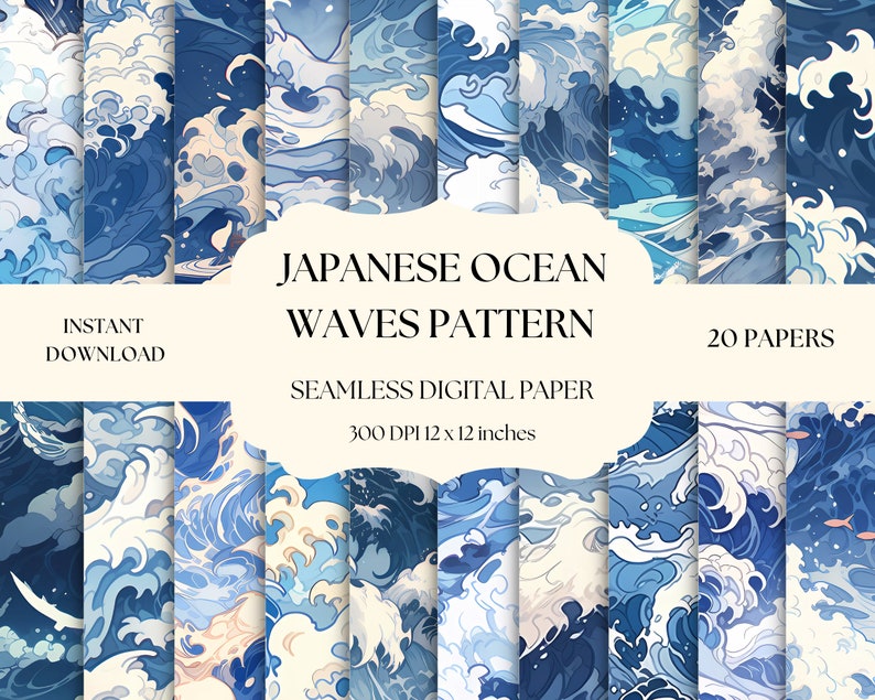 Seamless Japanese Ocean Waves Pattern Digital Paper, Japanese Patterns, Instant Download for ...