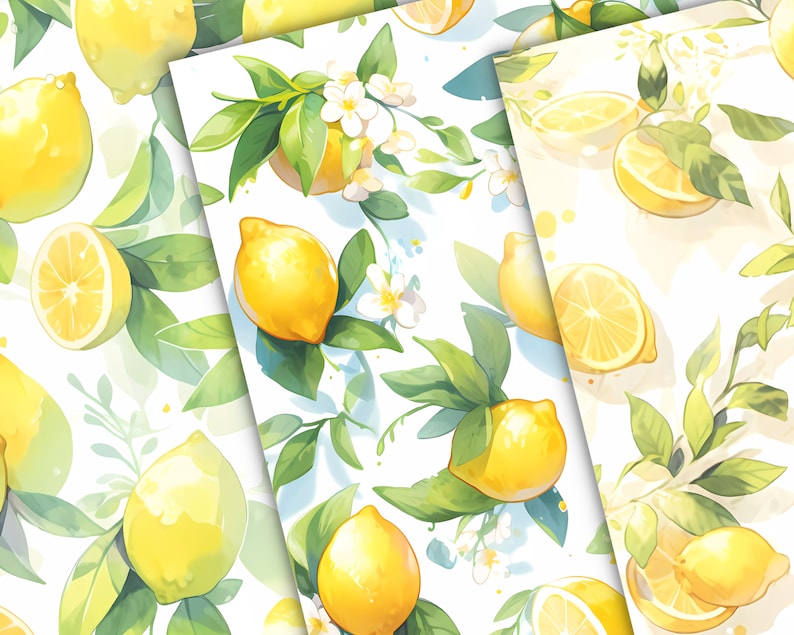 Watercolour Lemons Digital Paper, Summer Citrus Greenery Seamless ...