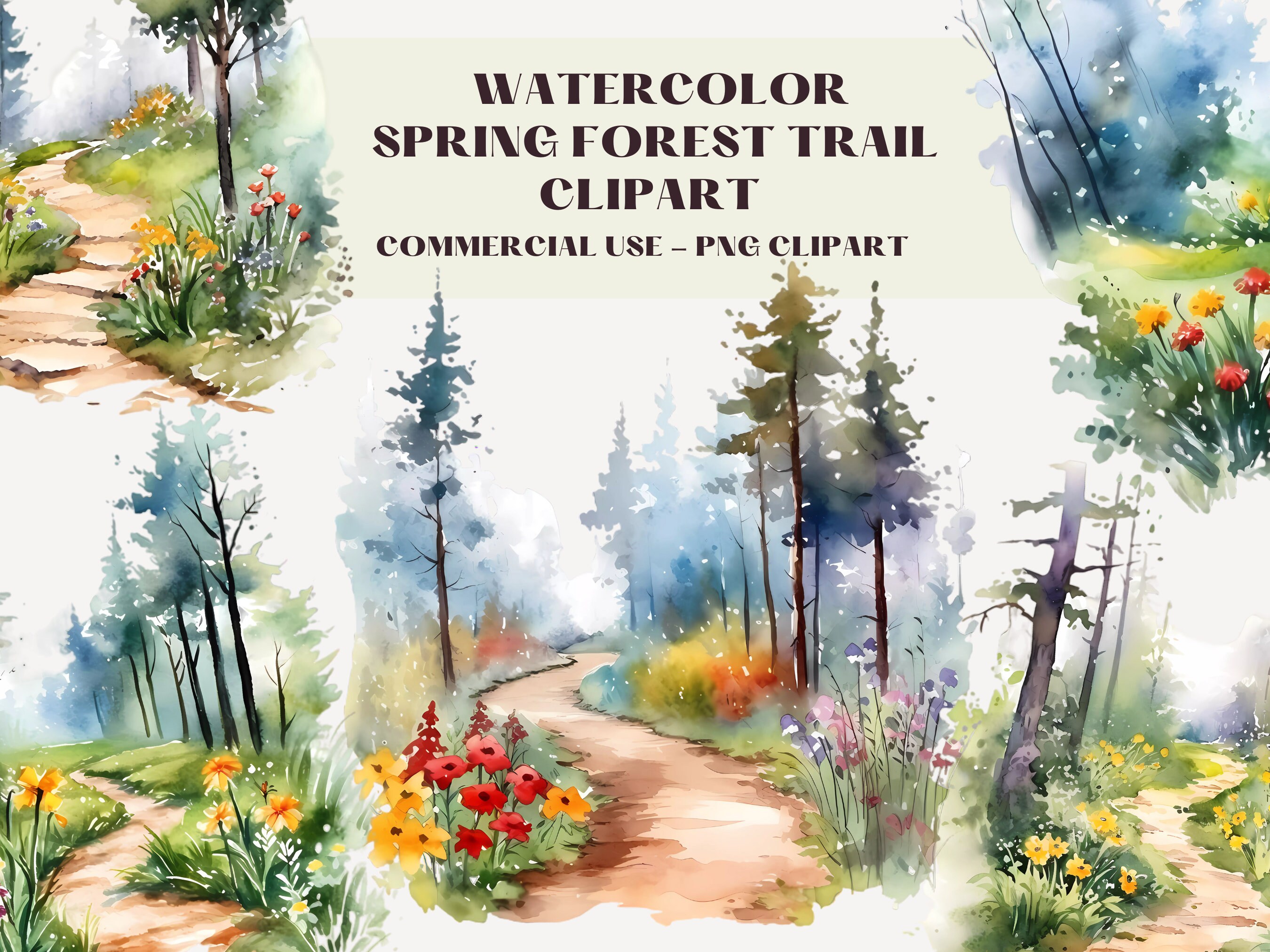 Watercolor Spring Forest Trail Clipart, 20 PNG Bundle, Forest Path ...