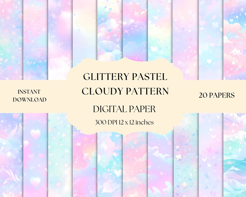 Clouds Pattern Digital Paper, Pastel Glitter Patterns, Instant Download ...