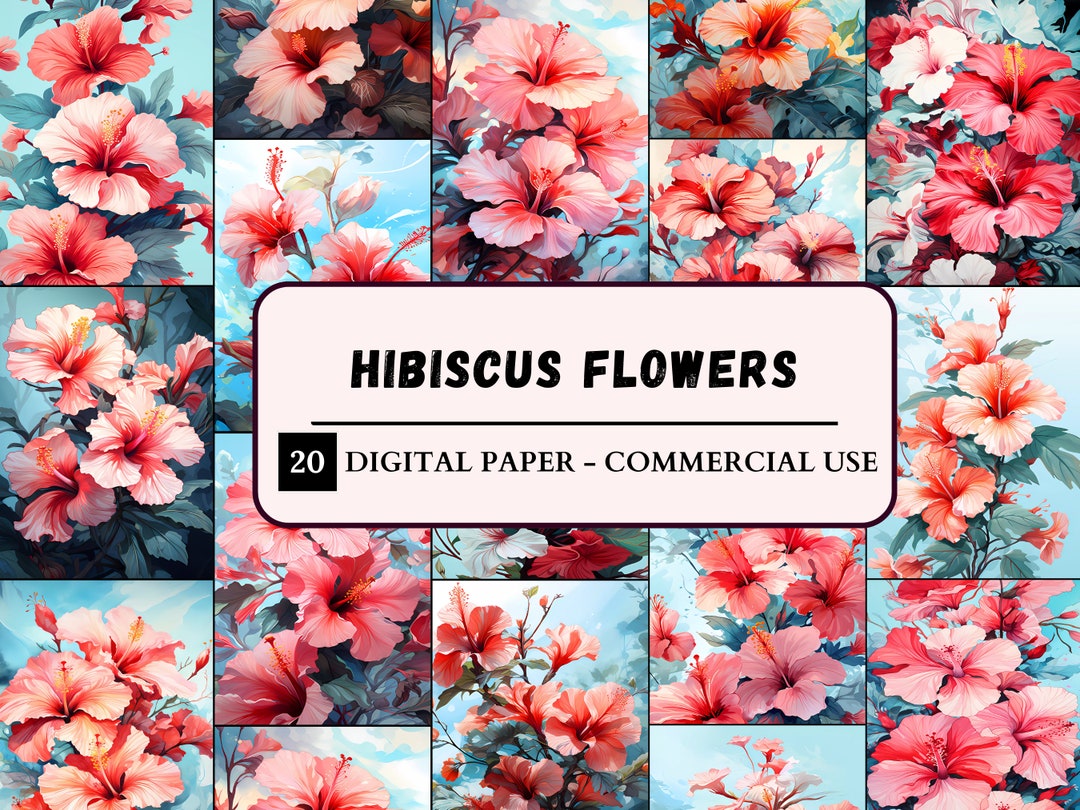 Hibiscus Flowers Digital Paper, Printable Tropical Floral Backgrounds ...