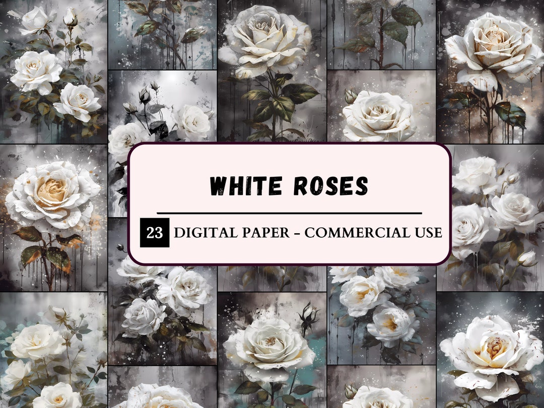 Printable White Roses Digital Paper, Elegant Watercolor Floral ...