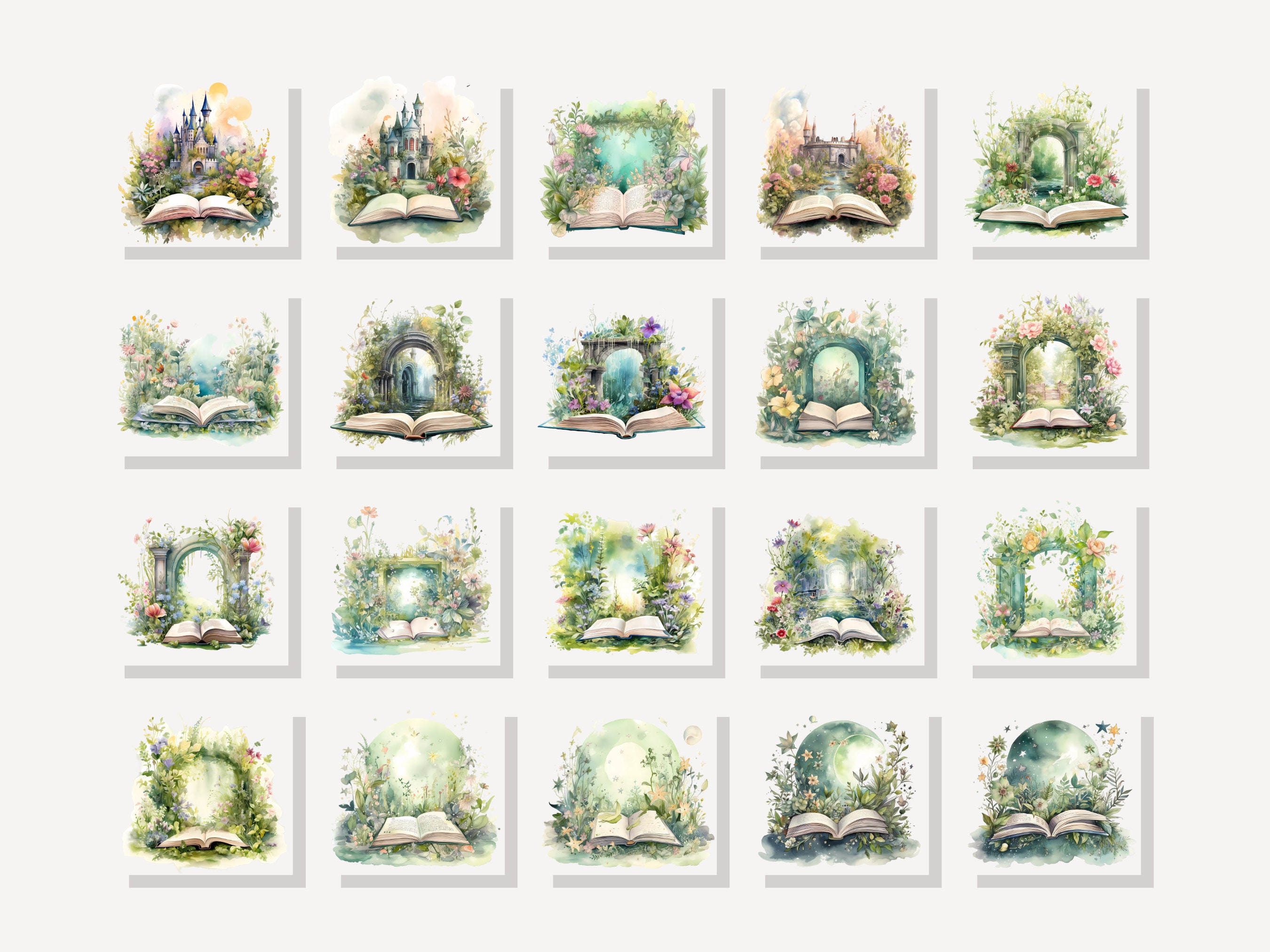 Watercolor Fantasy Books Clipart, 21 PNG Bundle, Green Open Book Clip ...