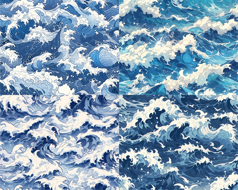 Seamless Japanese Ocean Waves Pattern Digital Paper, Japanese Patterns ...