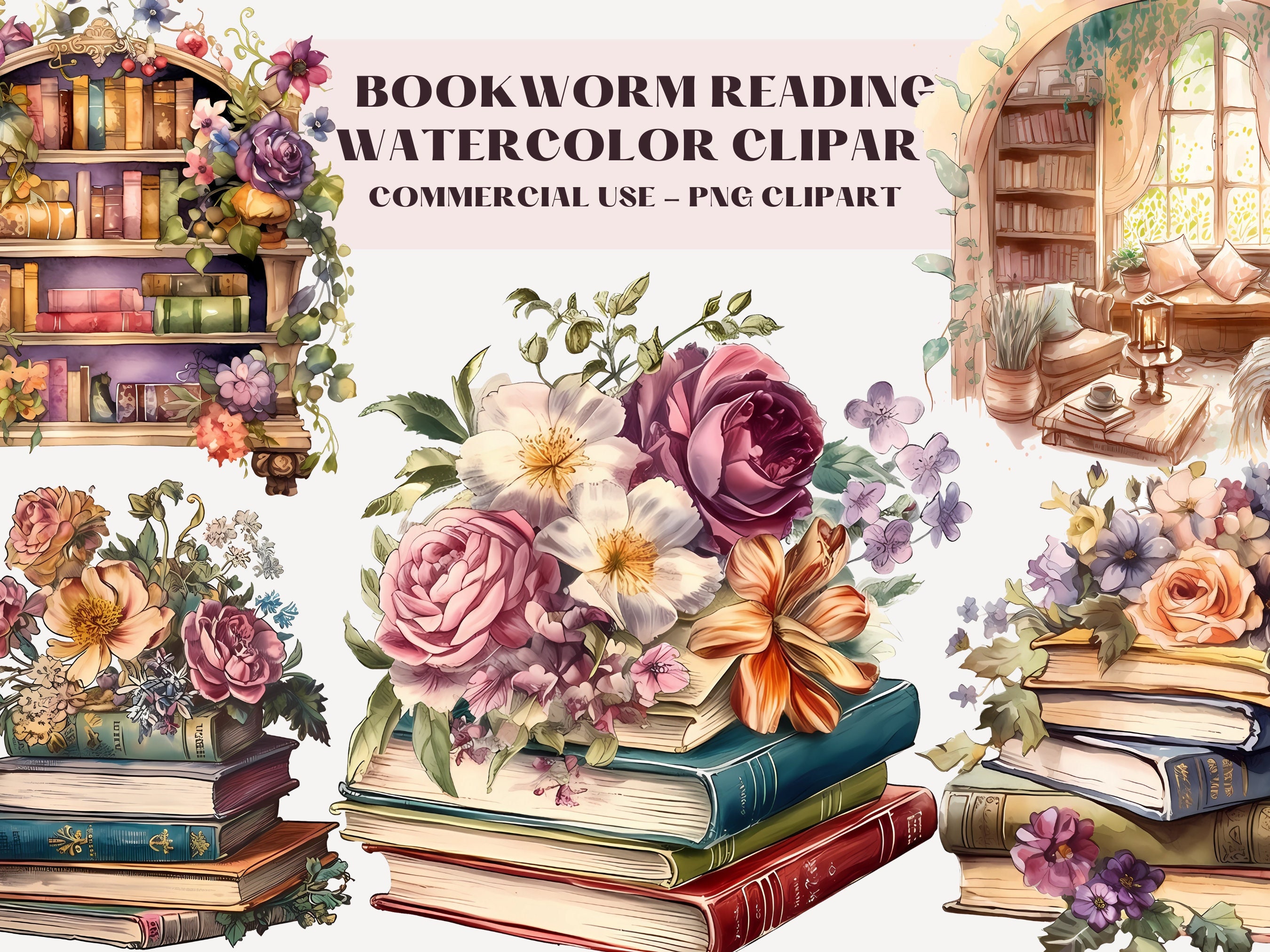 22 Bookworm Reading Watercolor Clipart Books Bundle PNG - Etsy
