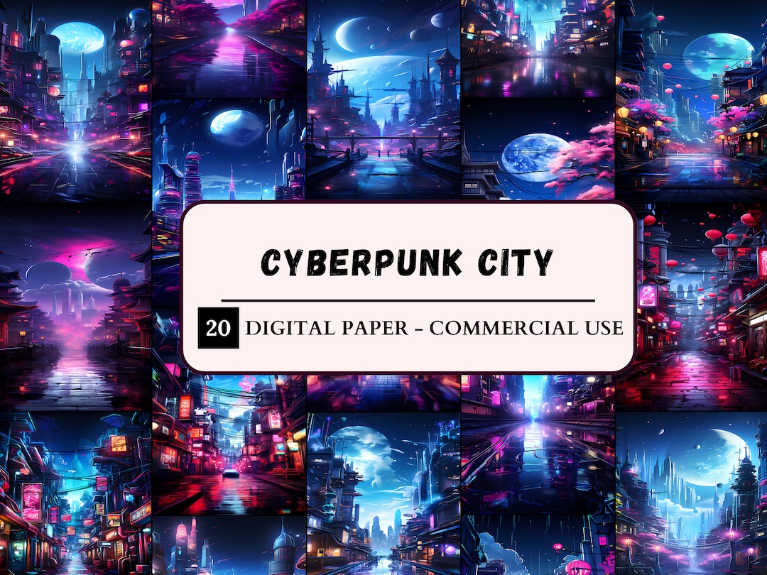 Printable Cyberpunk Cityscape, Futuristic City Digital Paper, Futurism ...