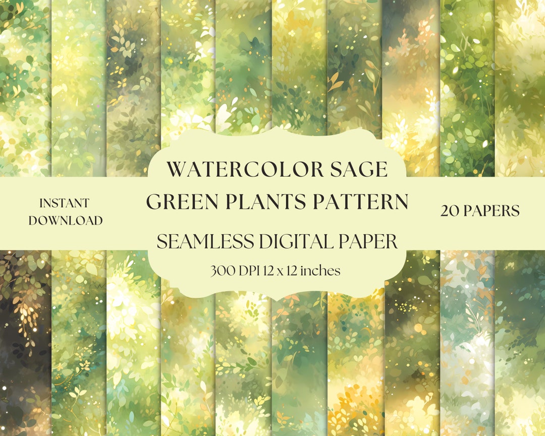 Seamless Sage Green Plants Pattern Digital Paper, Watercolor Pattern ...