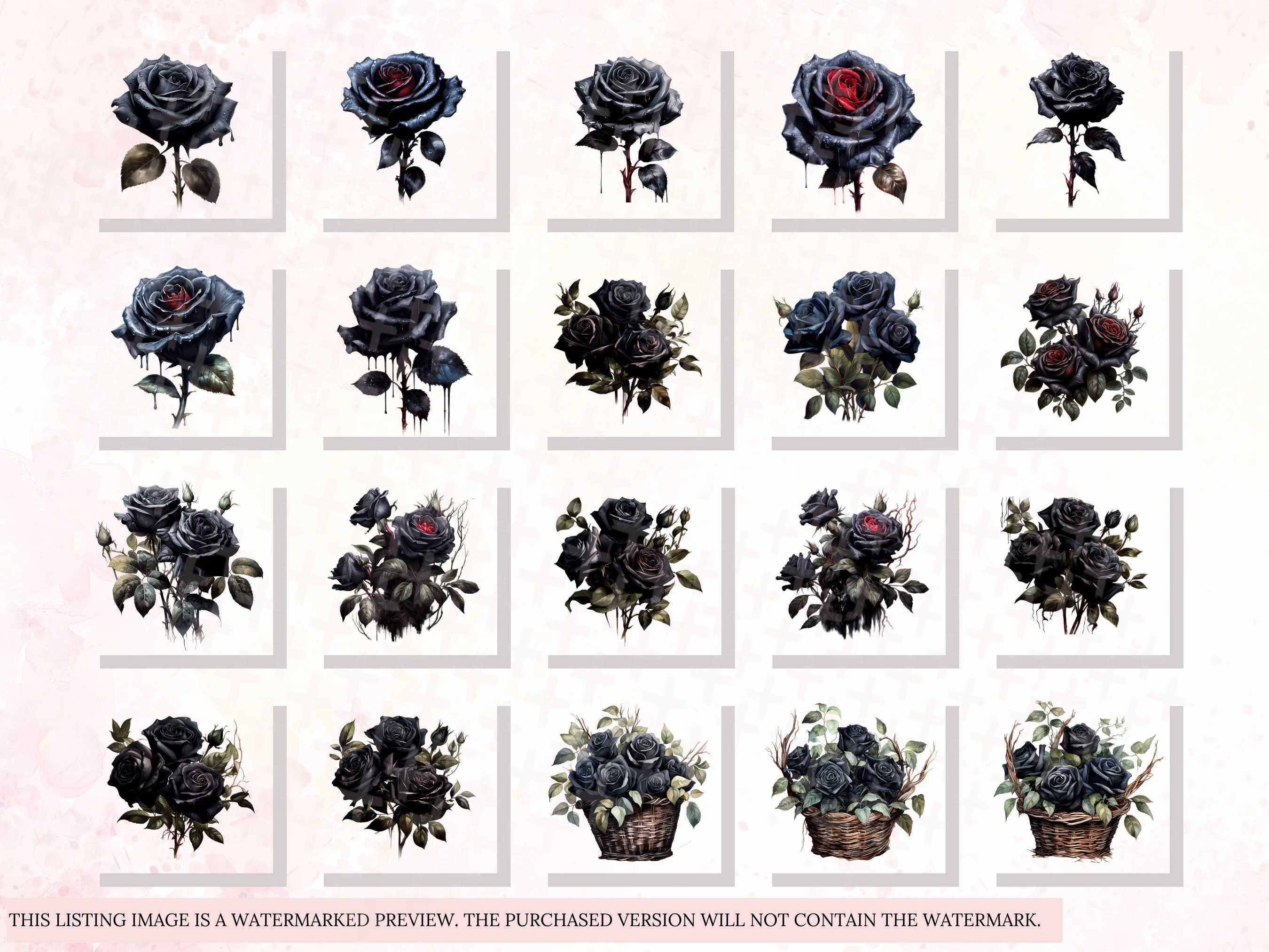Watercolour Black Roses Clipart, Gothic Floral Clipart, Transparent ...