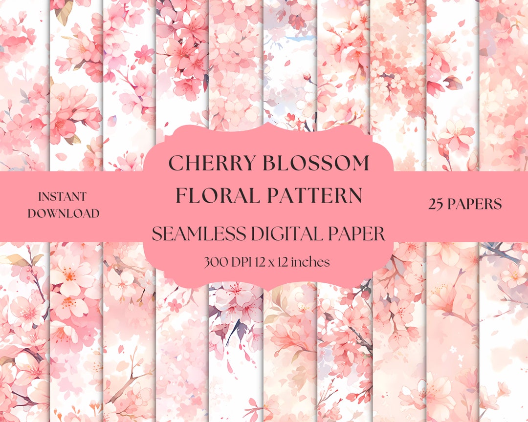 Pink Cherry Blossoms Digital Paper, Sakura Blossoms Patterns, Instant ...
