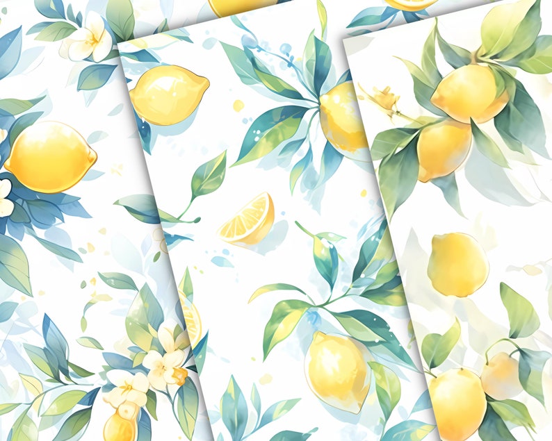 Watercolour Lemons Digital Paper, Summer Citrus Greenery Seamless ...