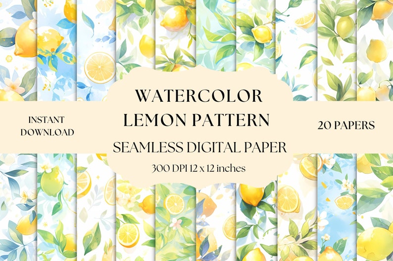 Watercolour Lemons Digital Paper, Summer Citrus Greenery Seamless ...