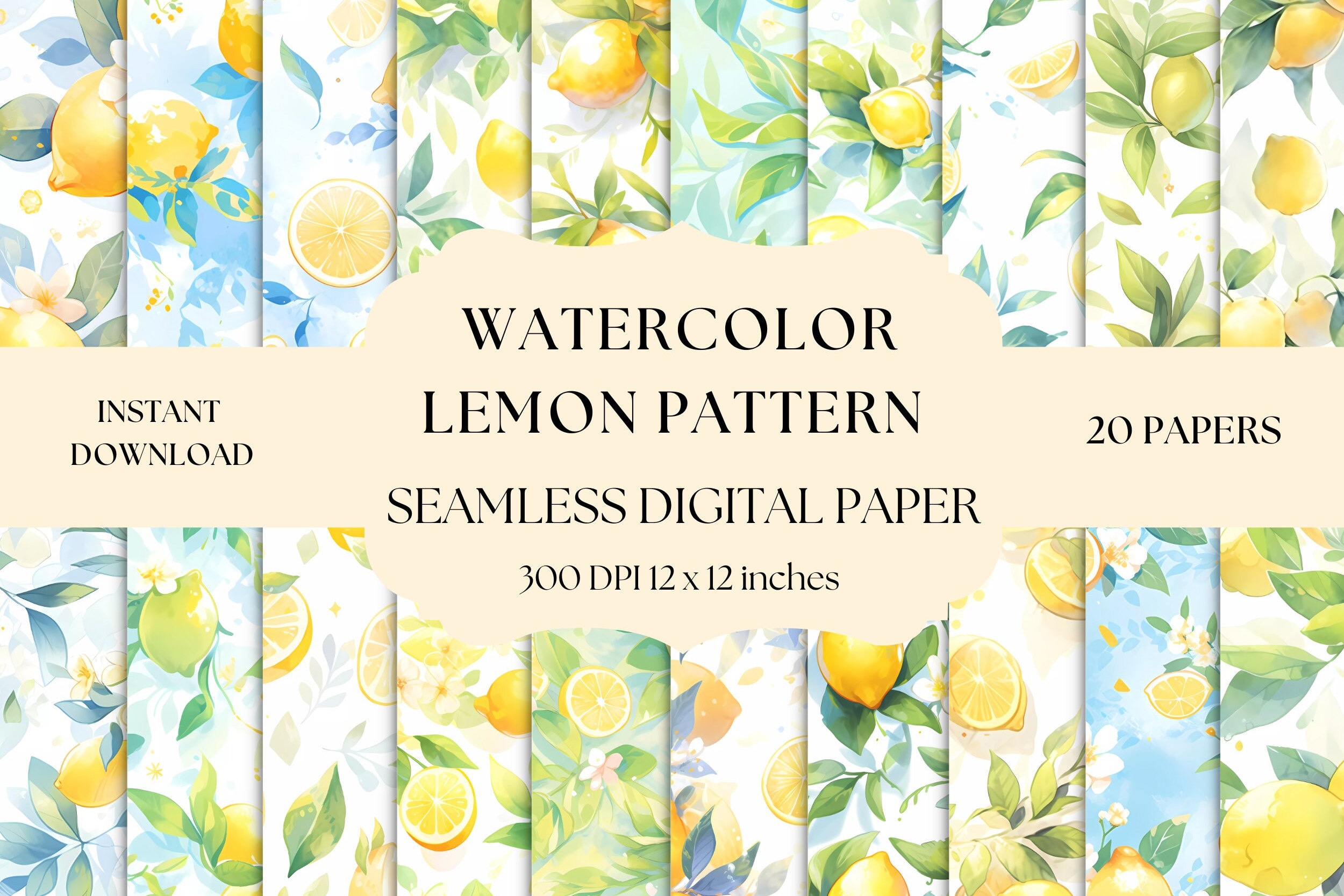 Watercolour Lemons Digital Paper, Summer Citrus Greenery Seamless ...