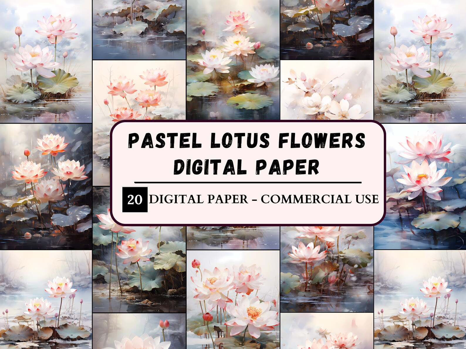 Printable Pastel Lotus Flowers Digital Paper, Floral Background, Junk ...