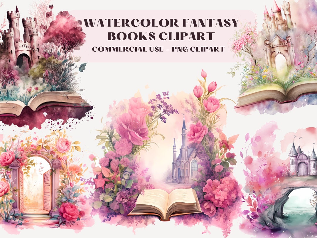 24 Watercolor Fantasy Books Clipart, PNG Bundle, Pink Open Book Clip ...