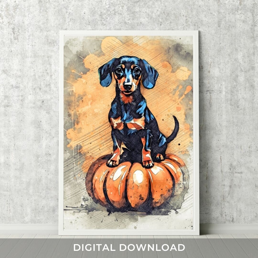 Dachshund Sitting on Pumpkin PRINTABLE, Fun Doxie Fall Wall Art, Dog ...