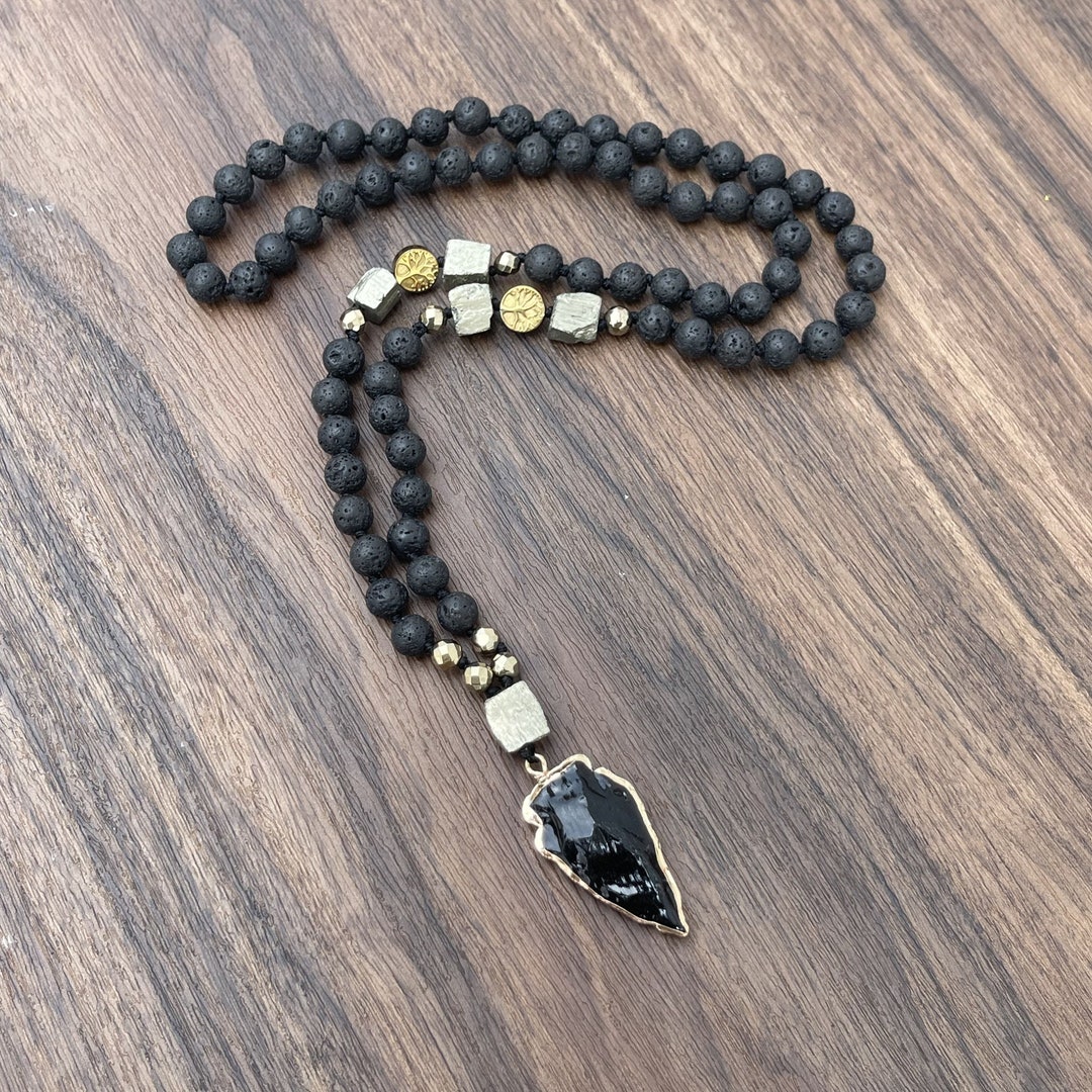Empower Your Style: Obsidian Arrow Pendant With Lava Bead - Etsy