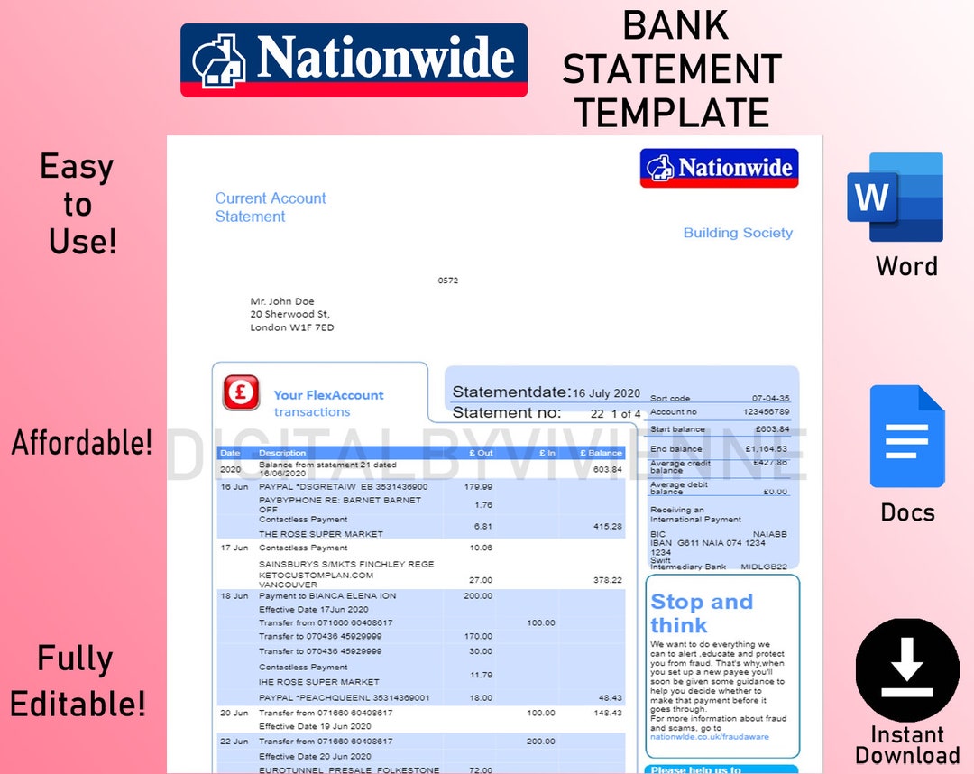 Nationwide Bank Statement Template Fully Editable Google Docs - Etsy