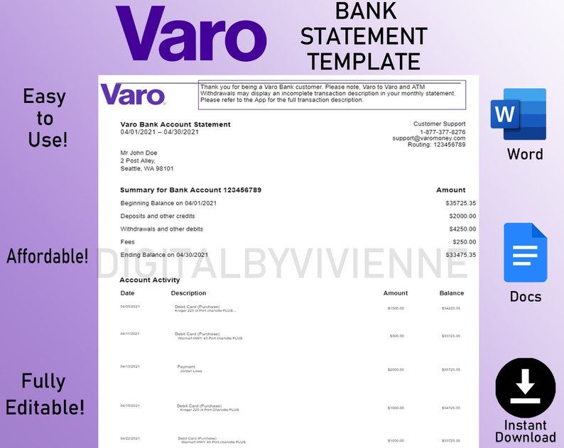 Varo Bank Statement Template Fully Editable Google Docs - Etsy Varo Bank Statement Template Fully Editable Google Docs - Etsy