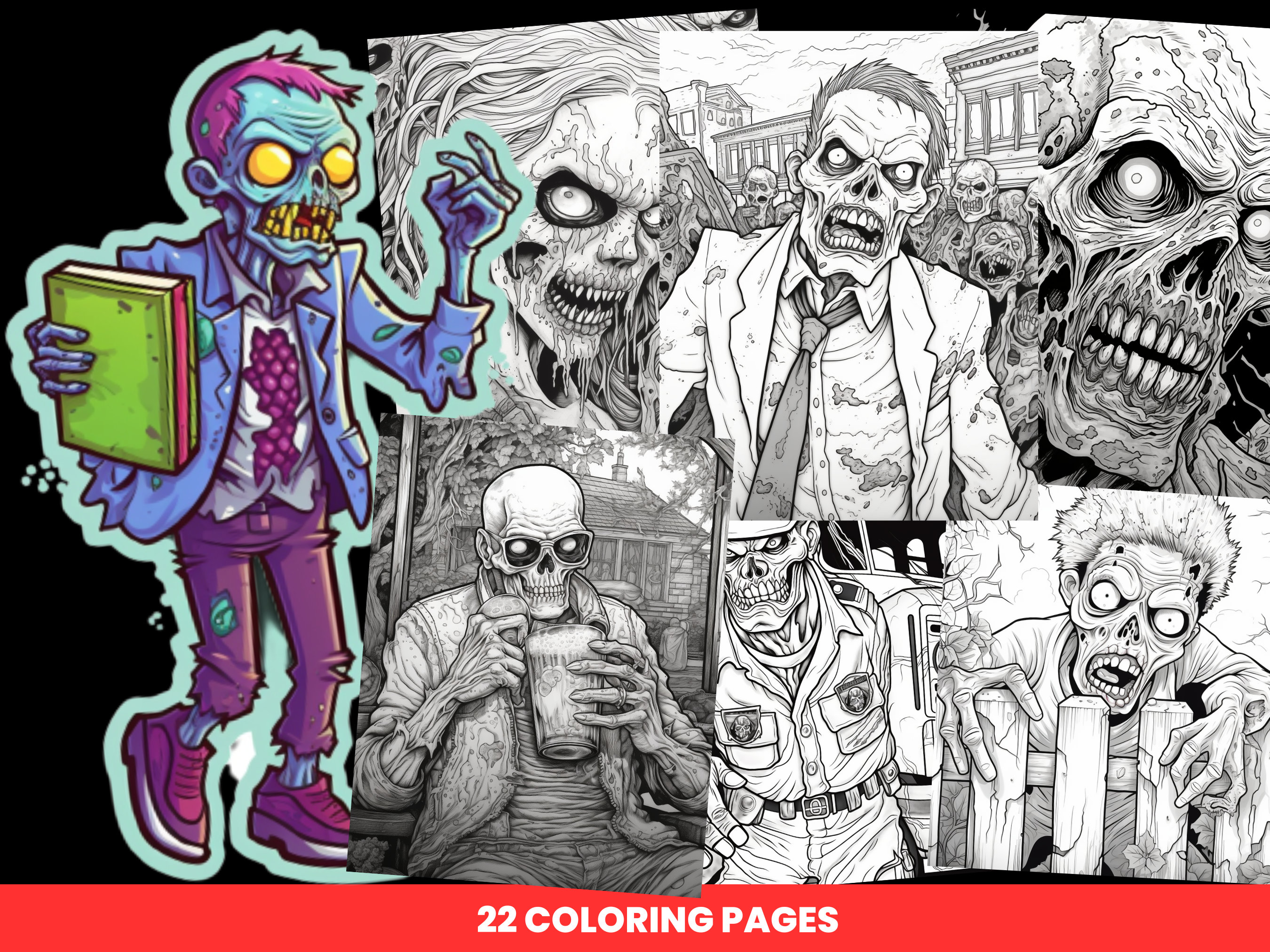 22 Zombie Downloadable Coloring Pages All Ages Instant Download Print ...