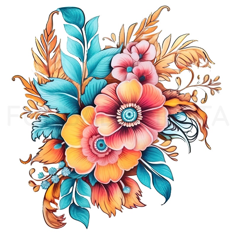 Boho Flowers Clipart Bundle, 15 High Quality PNG Images, Transparent ...