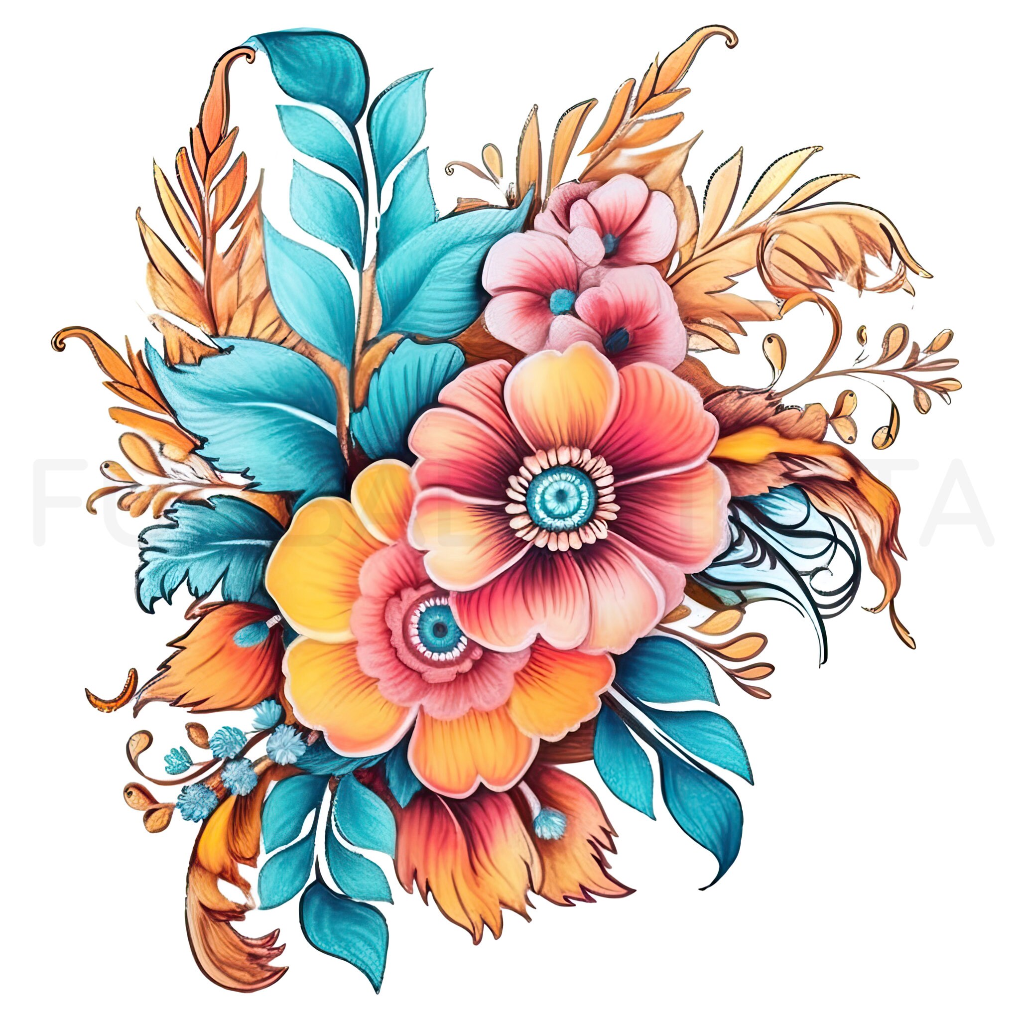 Boho Flowers Clipart Bundle, 15 High Quality PNG Images, Transparent ...