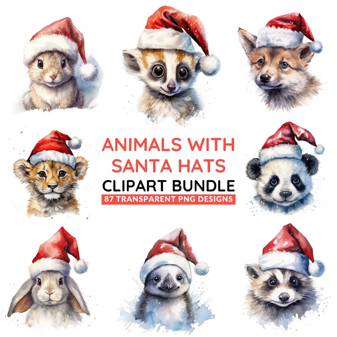 Animals With Santa Hats, Christmas Clipart Bundle, Transparent PNG, JPG ...